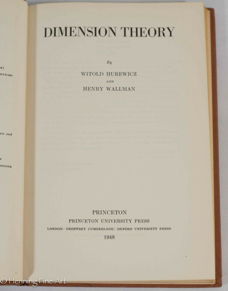 Dimension Theory by Witold Hurewicz and Harry Wallman 1952 - Etsy
