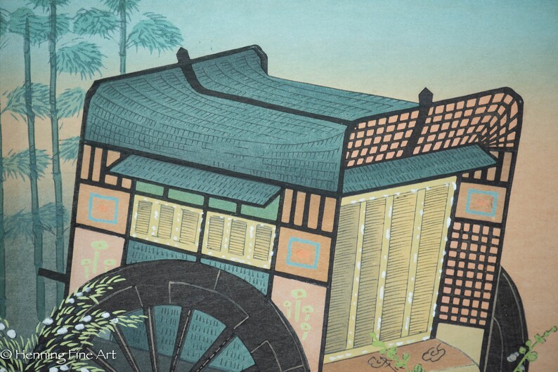 Beautiful Vintage Japanese Woodblock Bakufu Ohno Ox Cart With Flowers ...