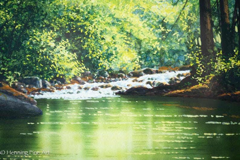 Stunning Robert Fowler Watercolor Painting of Emerald Green Pool River ...