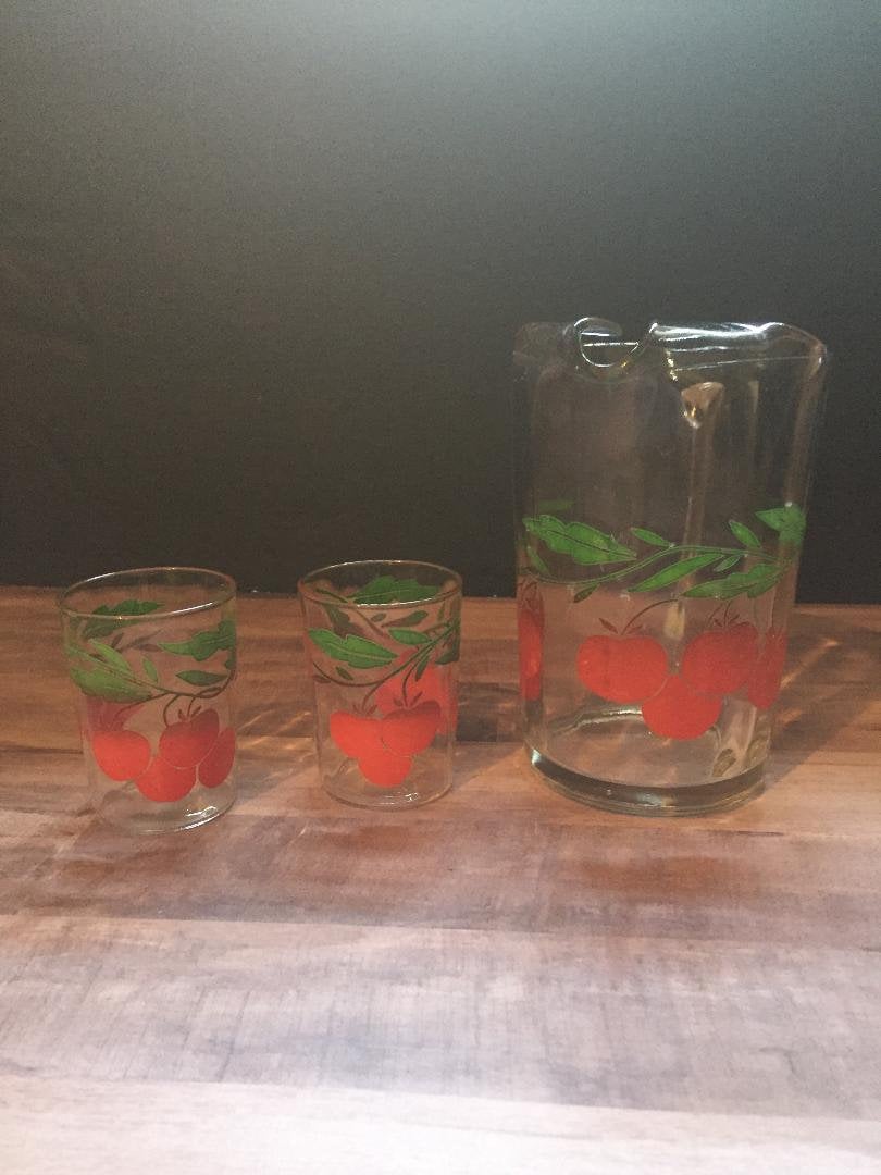 Vintage Juice Pitcher and 2 Glasses / Juice Pitcher With Cherries ...