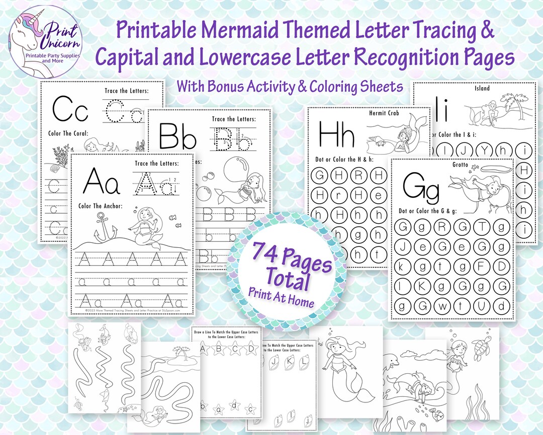 Hojas de trabajo del alfabeto A-Z con temática de sirena, mayúsculas y ...