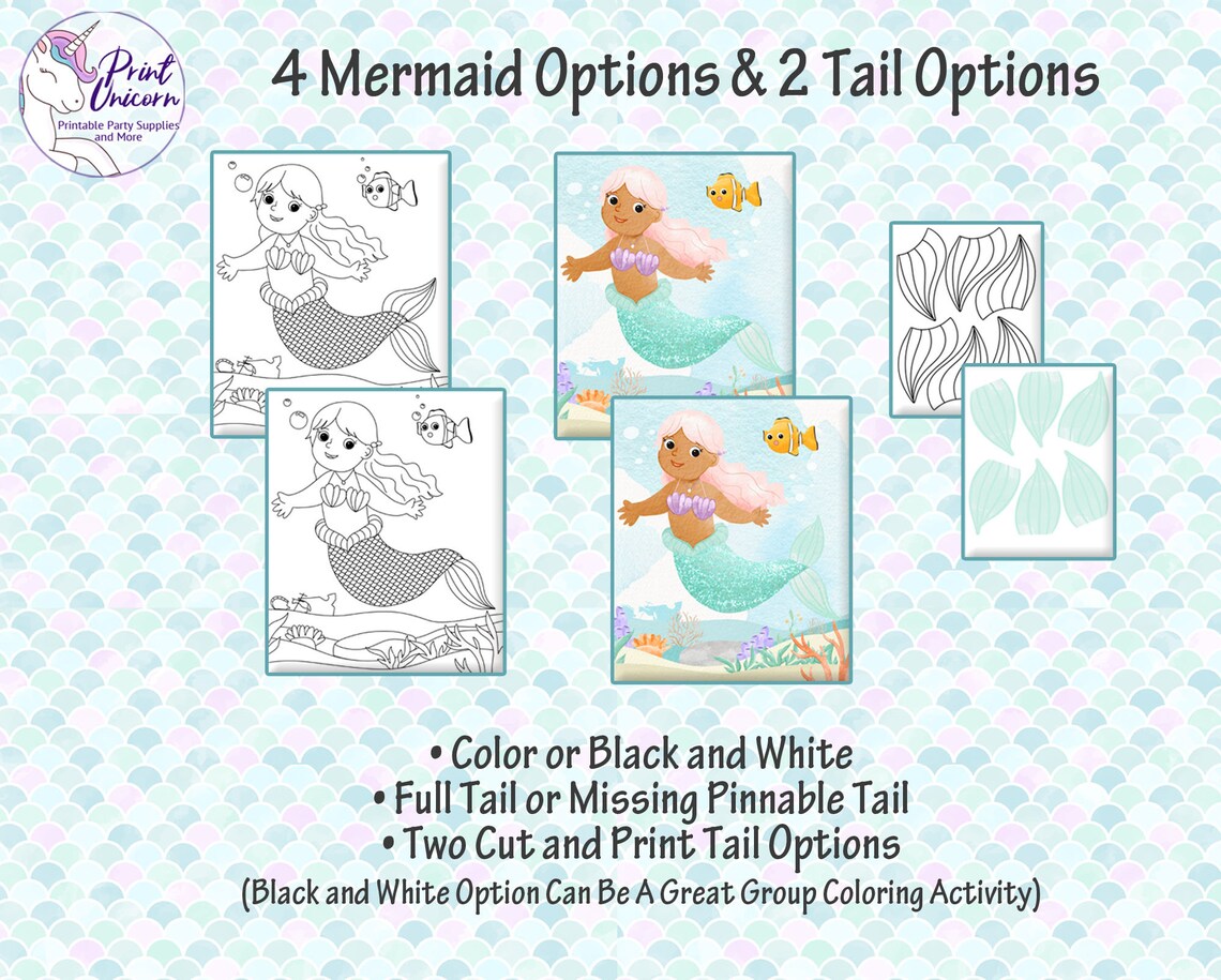 Pin the Tail on the Mermaid Printable Party Game Pin the Tail Little ...