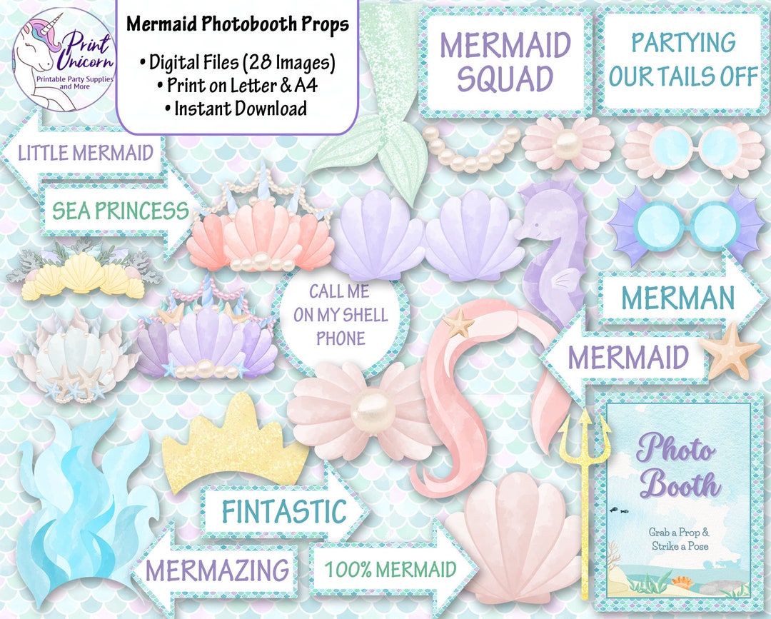 Printable Mermaid Photo Booth Props and Party Game Little Mermaid Under ...