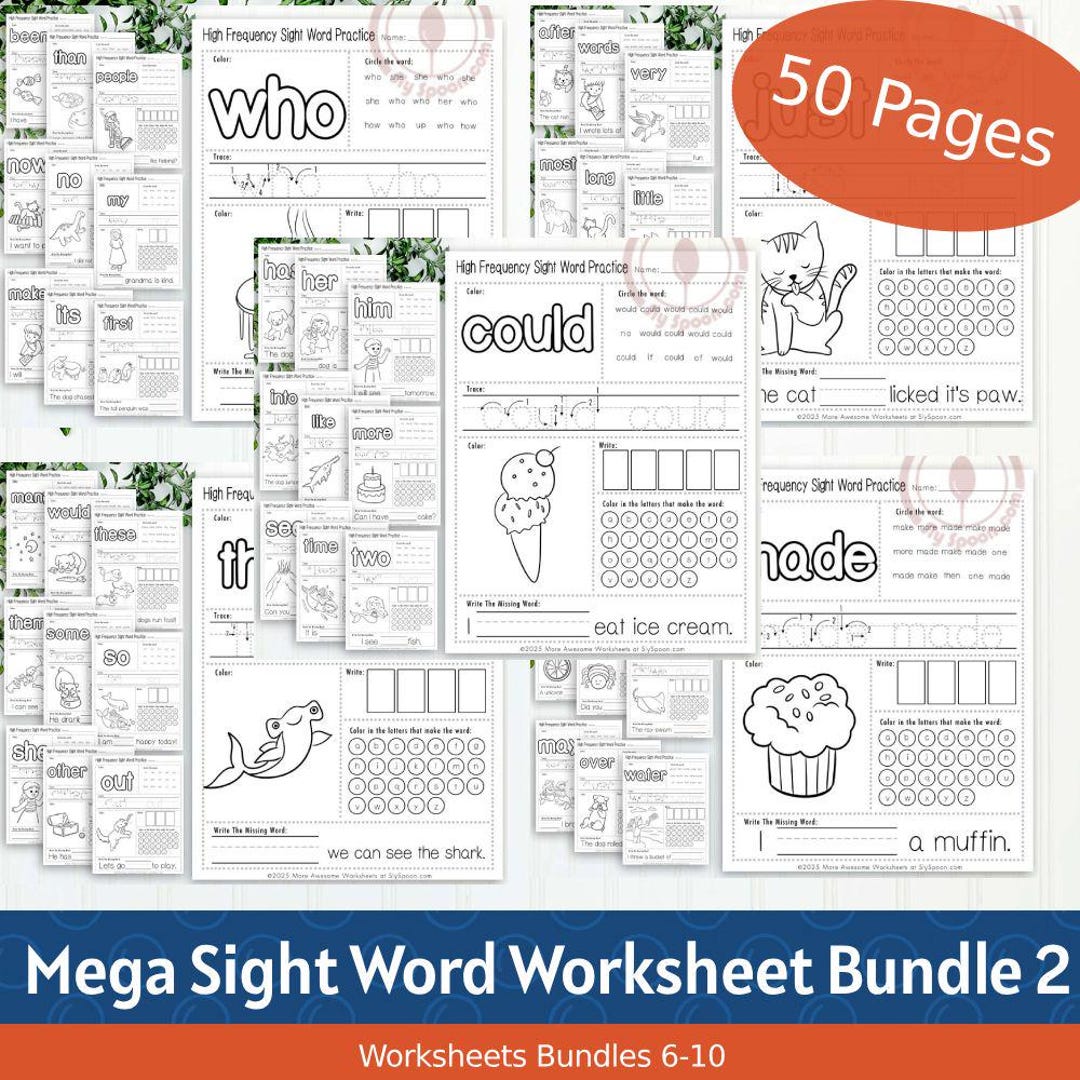 Mega Printable Sight Word Worksheets Bundle 2 (5 Picture Sight Word ...