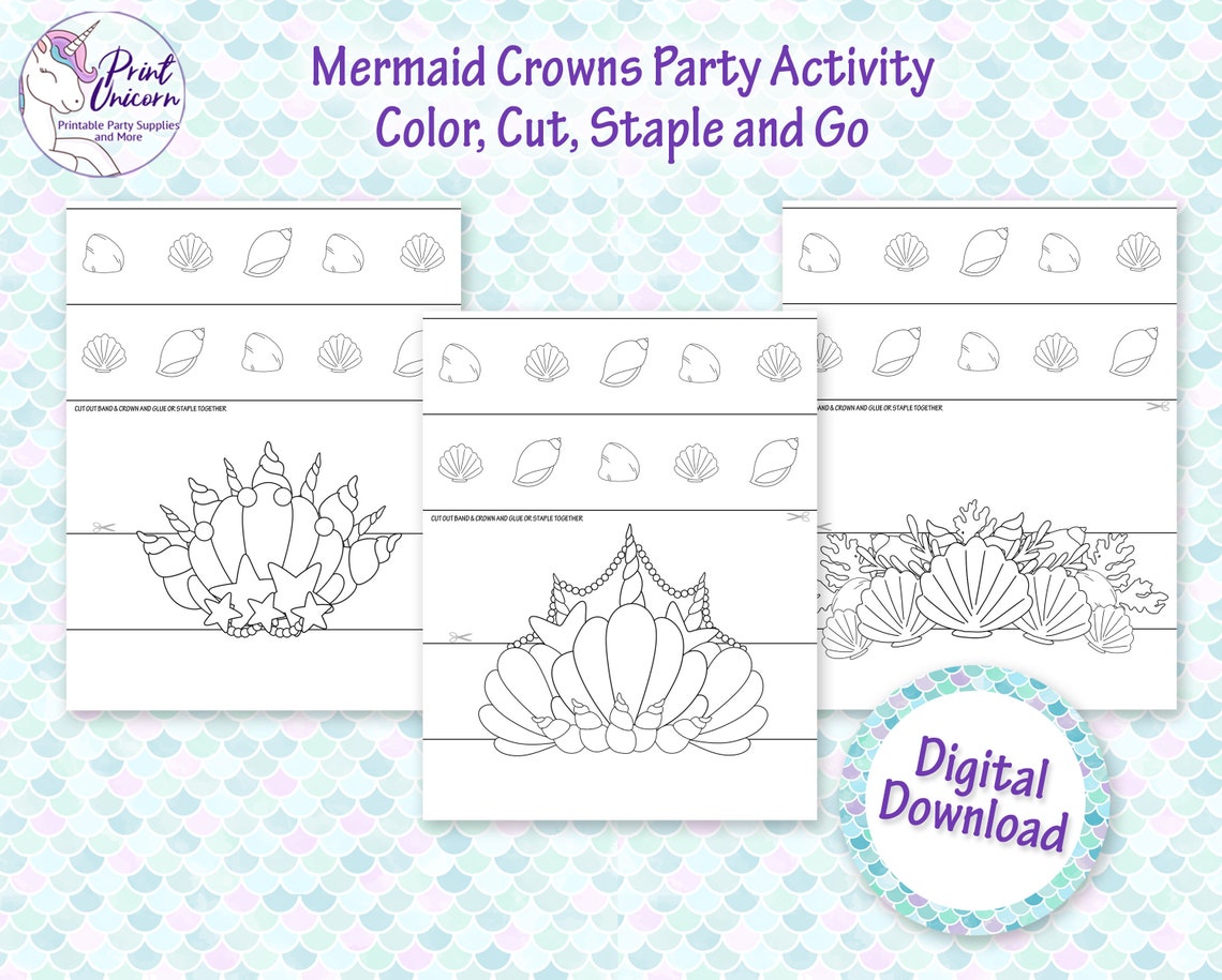 Mermaid Crowns Party Game - Printable Mermaid Coloring Activity Page ...