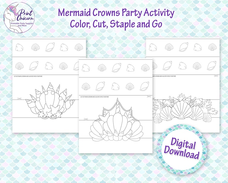 Mermaid Crowns Party Game - Printable Mermaid Coloring Activity Page ...