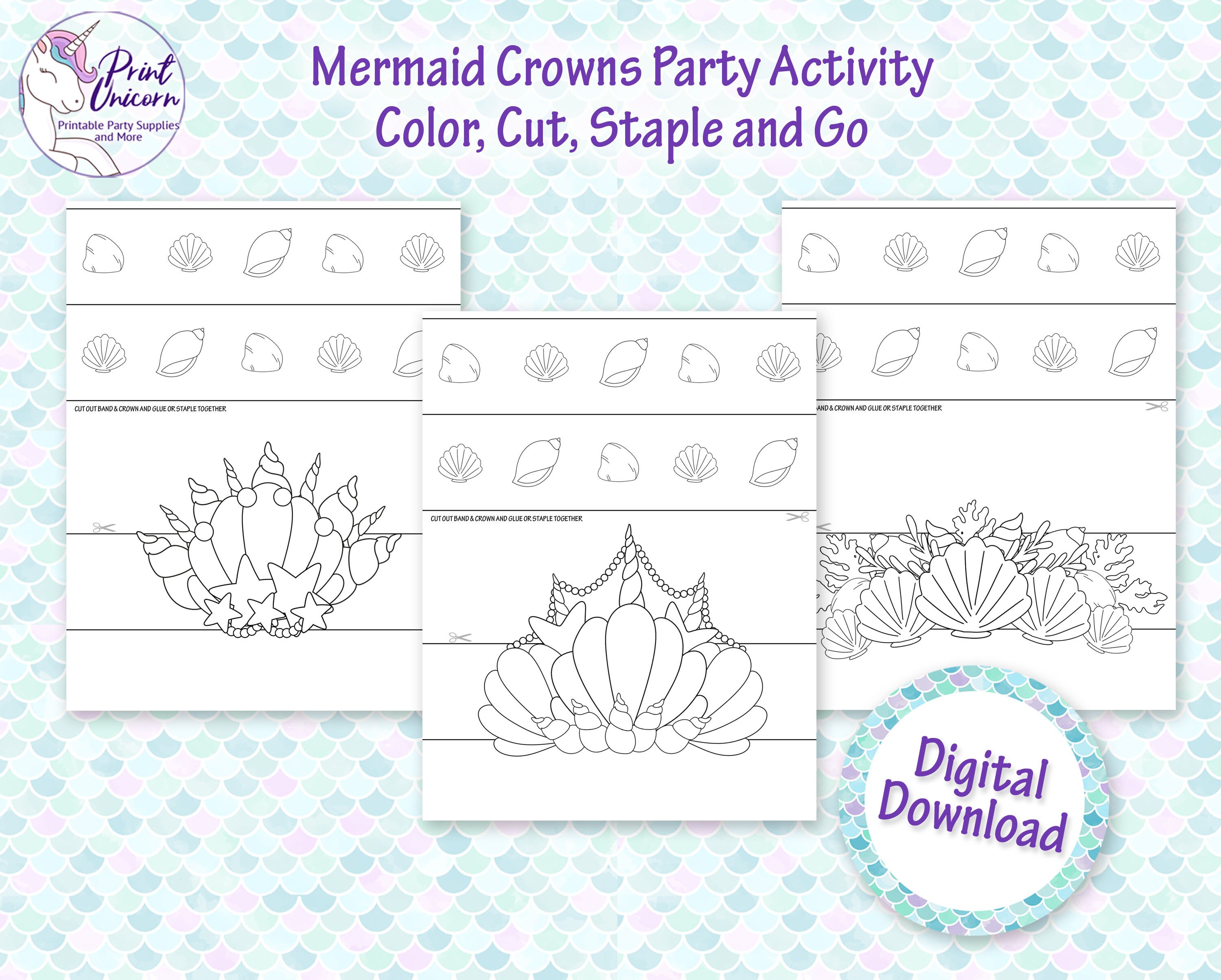 Mermaid Crowns Party Game - Printable Mermaid Coloring Activity Page ...