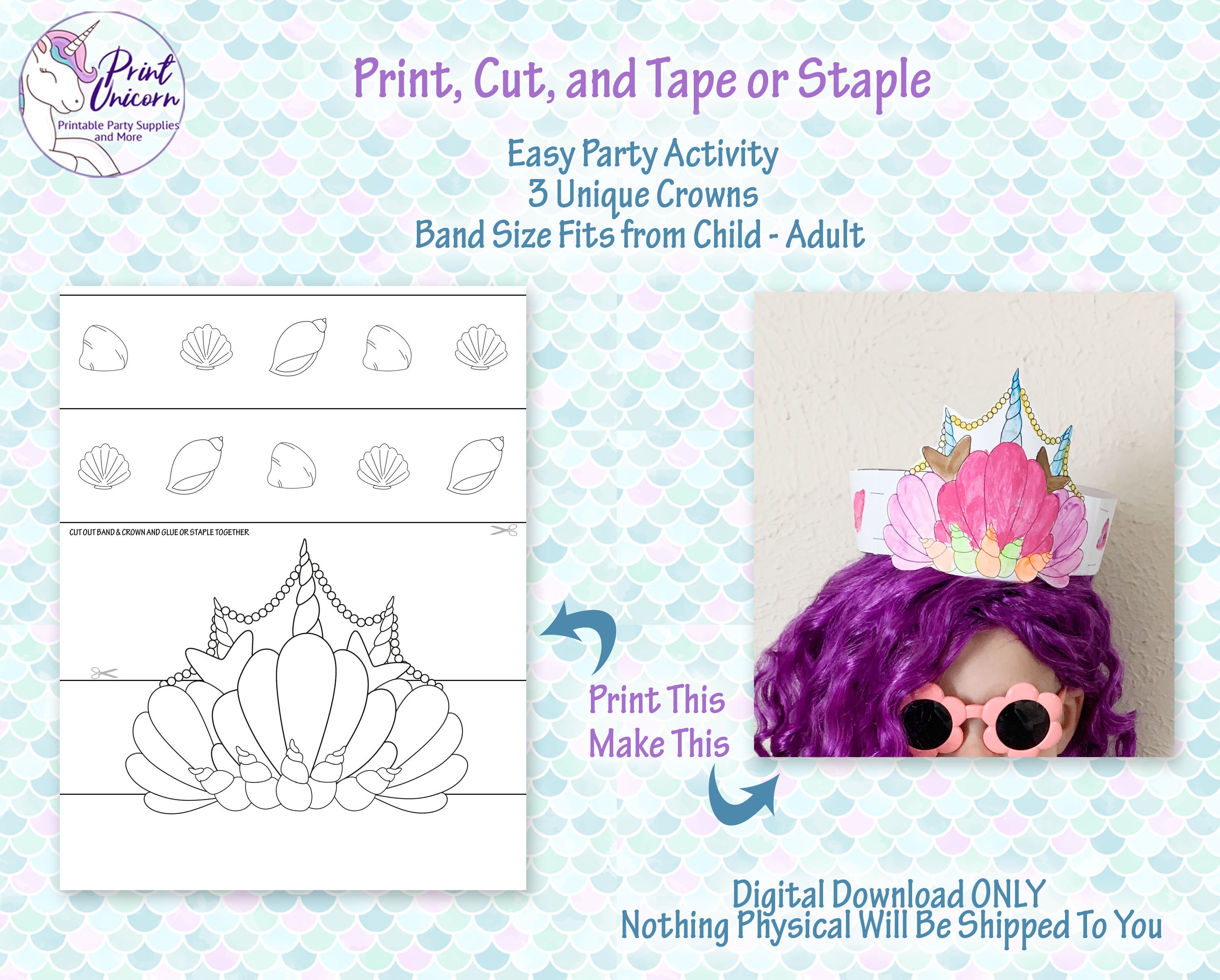 Mermaid Crowns Party Game - Printable Mermaid Coloring Activity Page ...
