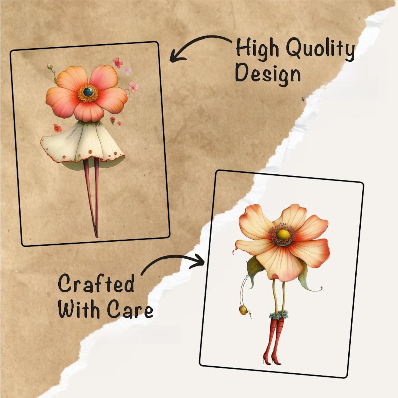 Quirky Flower Characters 45 PNG + 15 Backgrounds, DIY, Cards, Junk ...