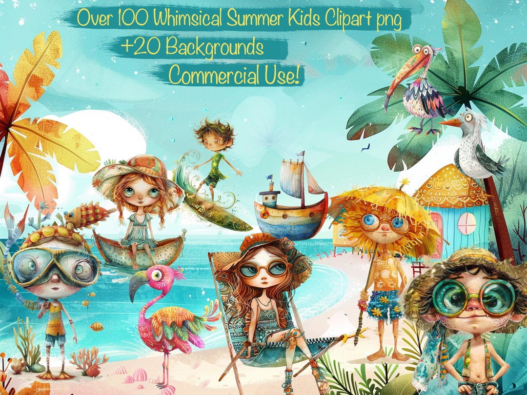 Summer Clip Art Png Bundle, Over 100 Whimsical Summer Beach Kids and ...