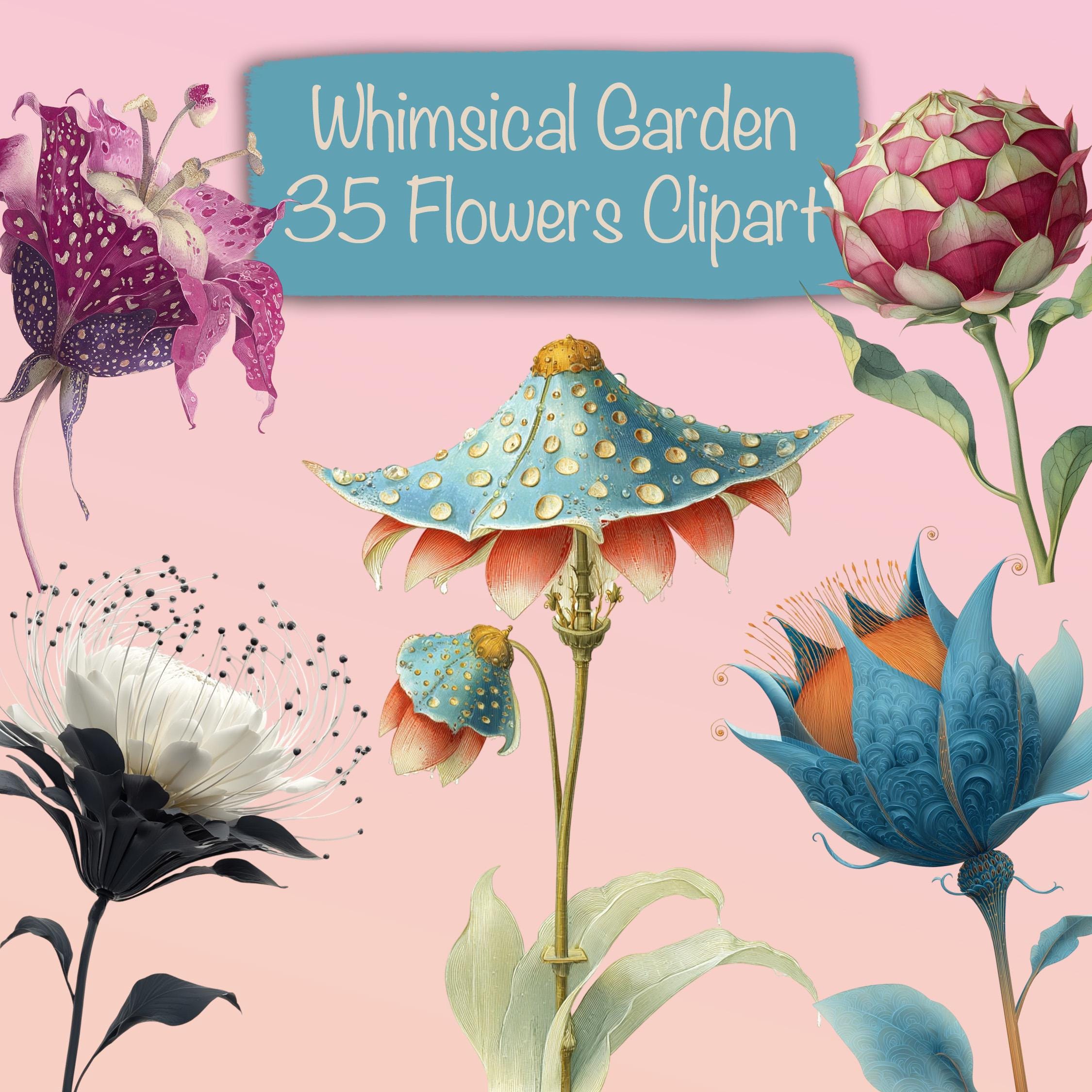 35 PNG Whimsical Flowers Clipart Bundle , DIY Card Making, Junk Journal ...