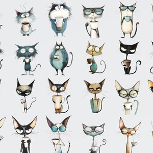45 Whimsical Cat Coffee Lover Clipart + 15 Backgrounds, DIY Card Making ...