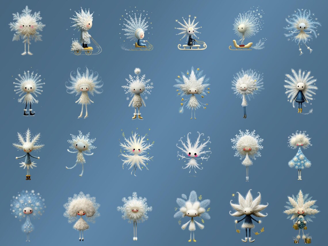 Whimsical Snowflakes Characters, 45 Clipart Bundle + 15 Backgrounds ...