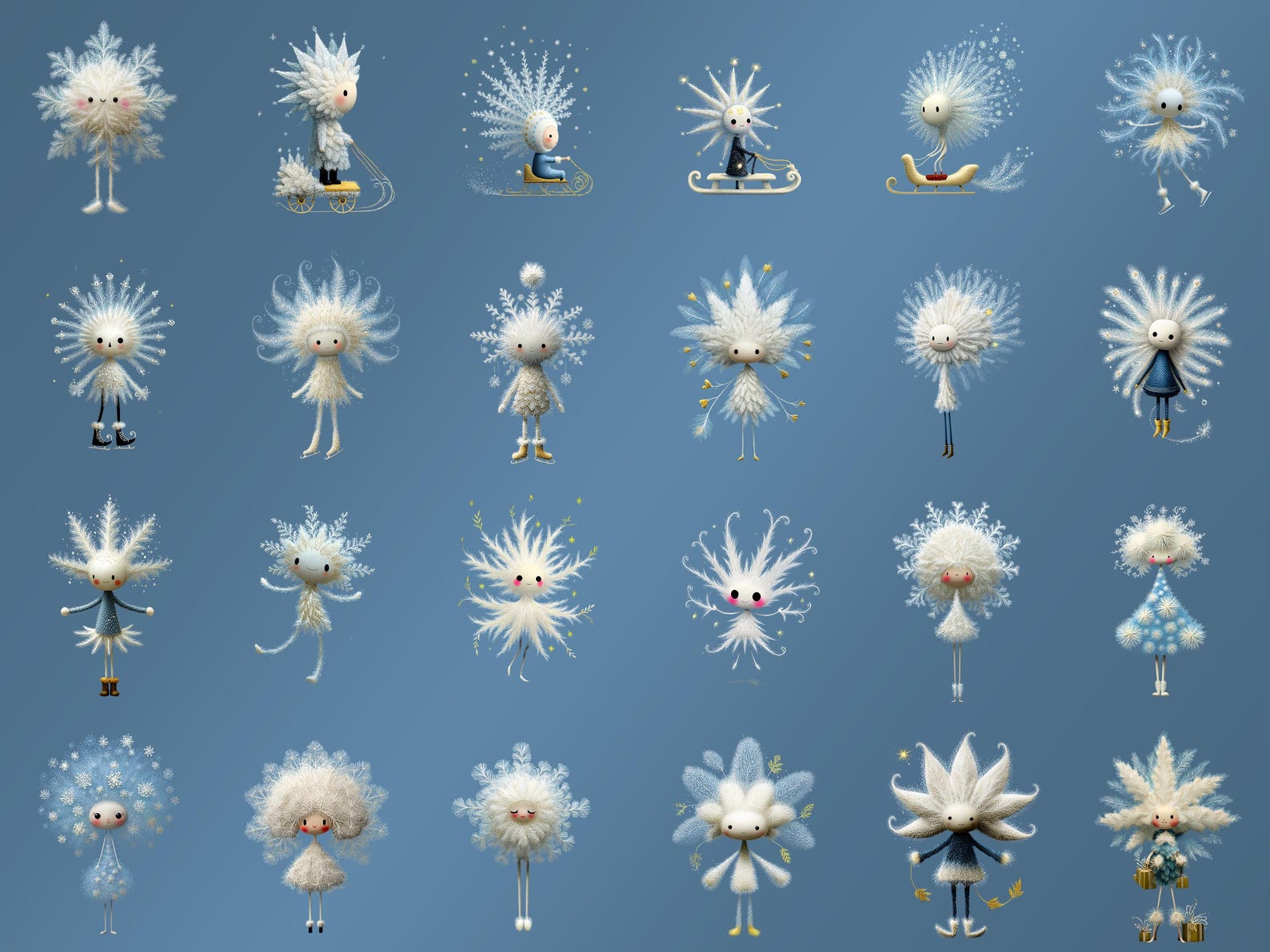 Whimsical Snowflakes Characters, 45 Clipart Bundle + 15 Backgrounds ...