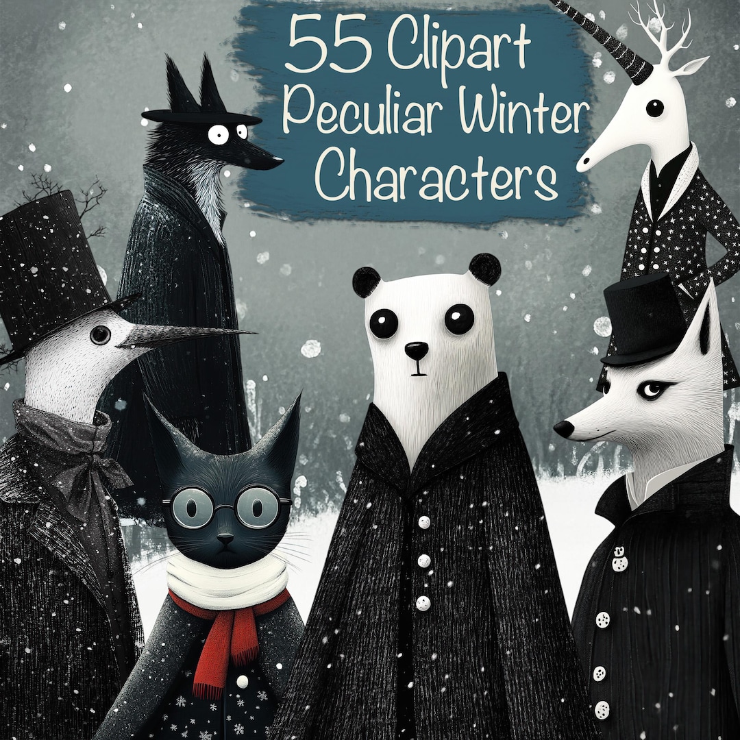 55 Png Peculiar Winter Characters Bundle + 15 Backgrounds, DIY, Cards ...