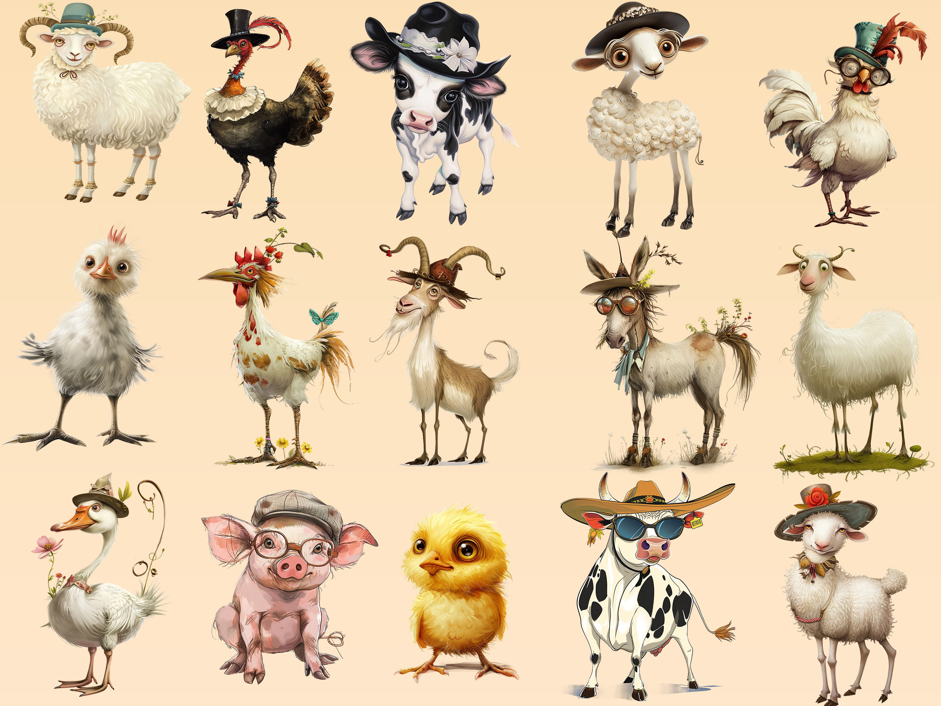Funny Farm Animals Bundle of 45 Png Clipart + 15 Backgrounds ...