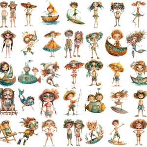 Summer Clip Art Png Bundle, Over 100 Whimsical Summer Beach Kids and ...