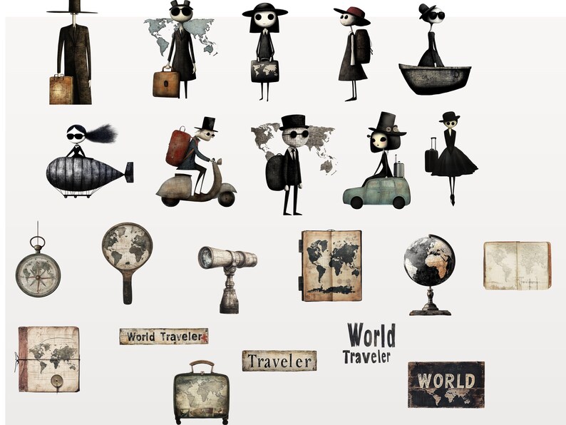 75 Png Whimsical World Traveler Bundle + 15 Backgrounds - DIY, Cards ...