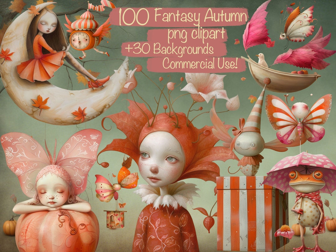 100 Fantasy Whimsical Autumn Png Clipart Bundle + 30 Backgrounds, for ...