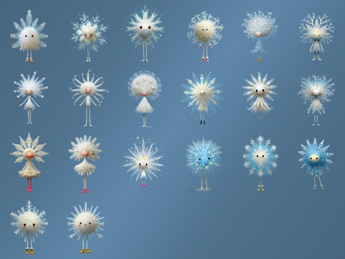 Whimsical Snowflakes Characters, 45 Clipart Bundle + 15 Backgrounds ...