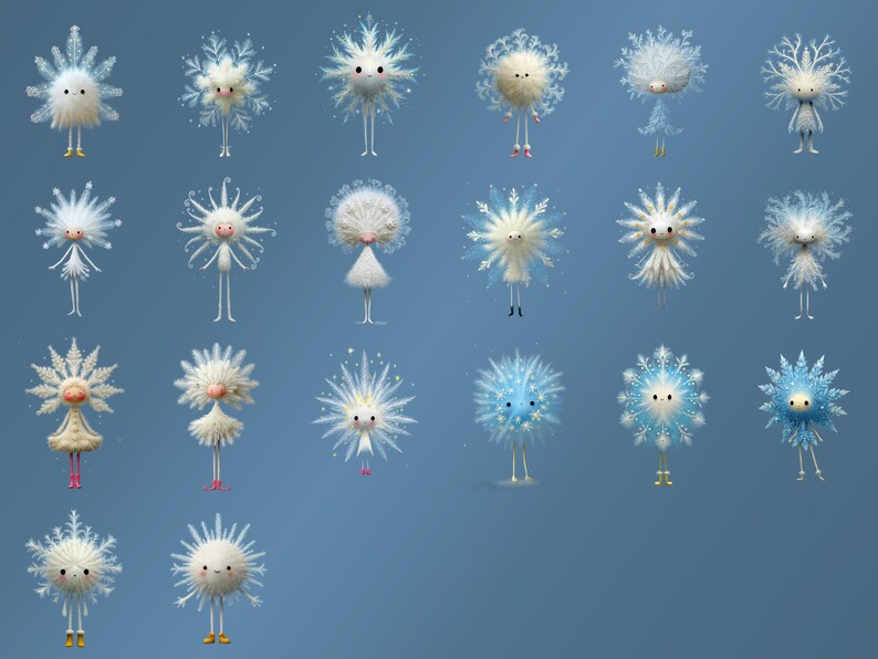 Whimsical Snowflakes Characters, 45 Clipart Bundle + 15 Backgrounds ...