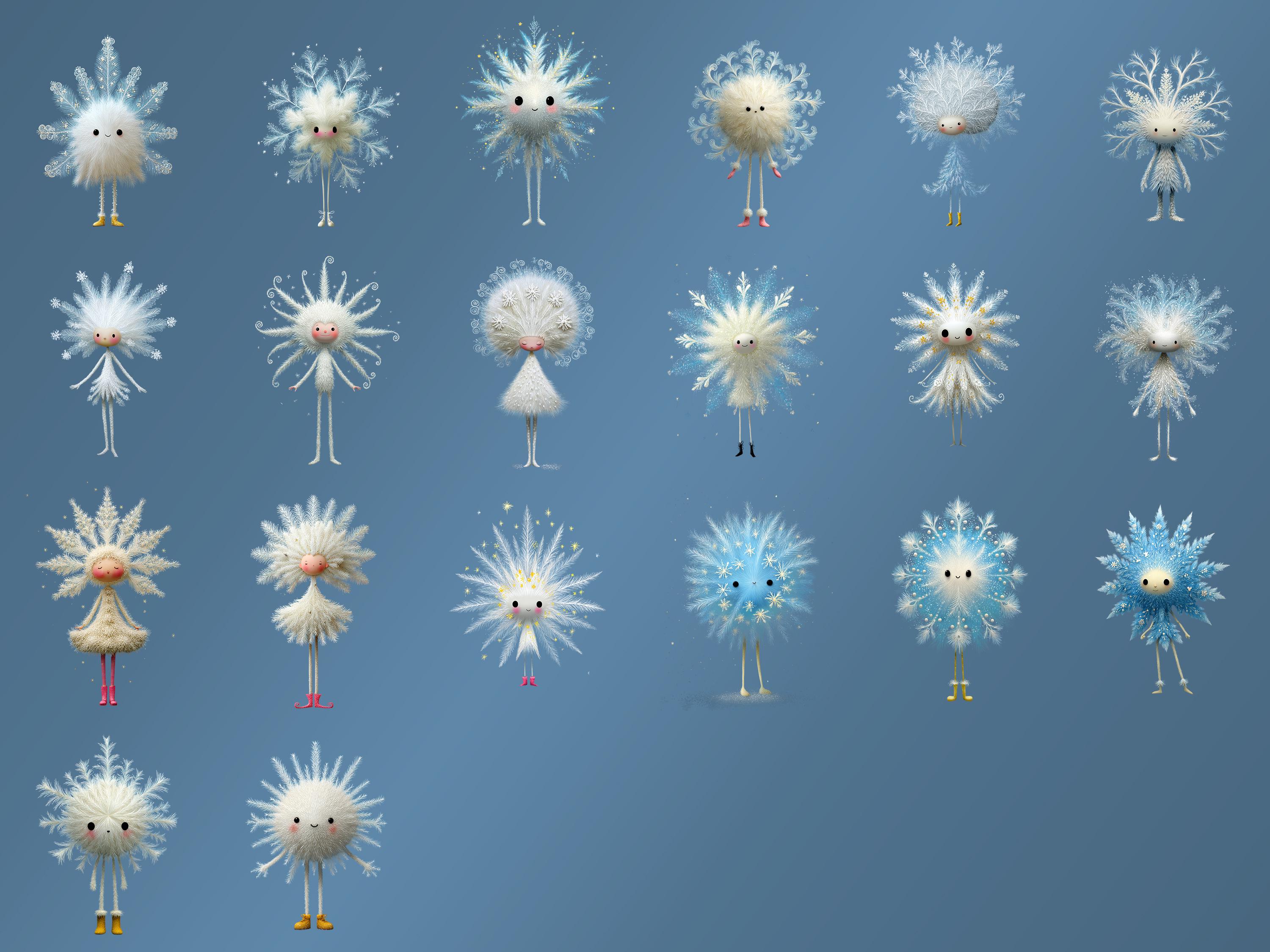 Whimsical Snowflakes Characters, 45 Clipart Bundle + 15 Backgrounds ...