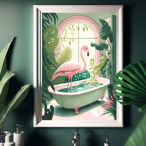 Flamingo in Bathtub, Tropical Bathroom Print, Funny Bath Wall Art ...