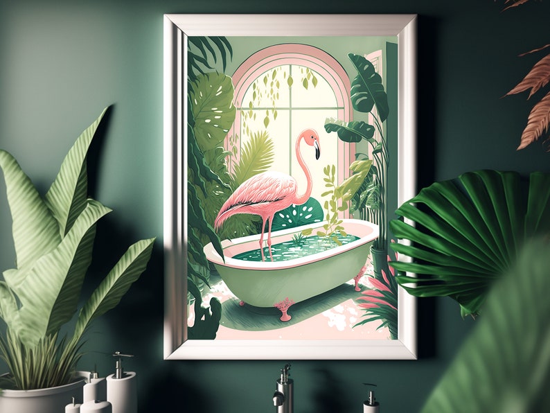 Flamingo in Bathtub Tropical Bathroom Print Funny Bath Wall - Etsy