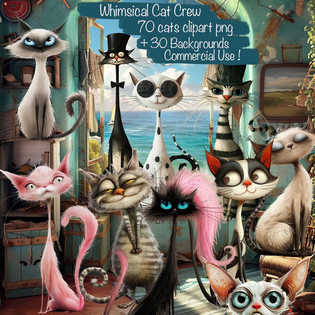 Set of 70 Quirky Whimsy Cats Png 30 Backgrounds Sheets, Card Making ...