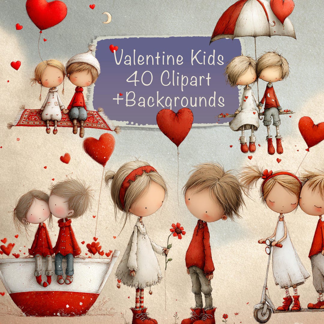 Valentine Kids 40 Clipart PNG + 15 Backgrounds - DIY Cards, Junk ...