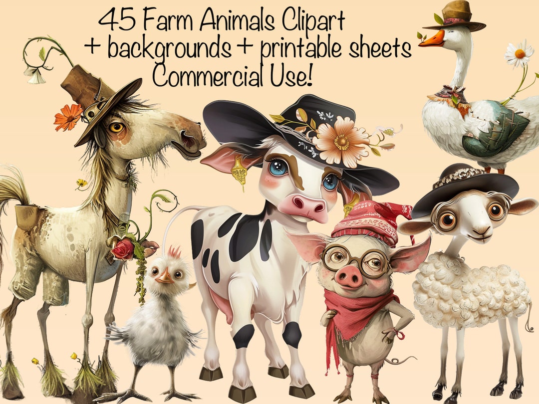 Funny Farm Animals Bundle of 45 Png Clipart + 15 Backgrounds ...