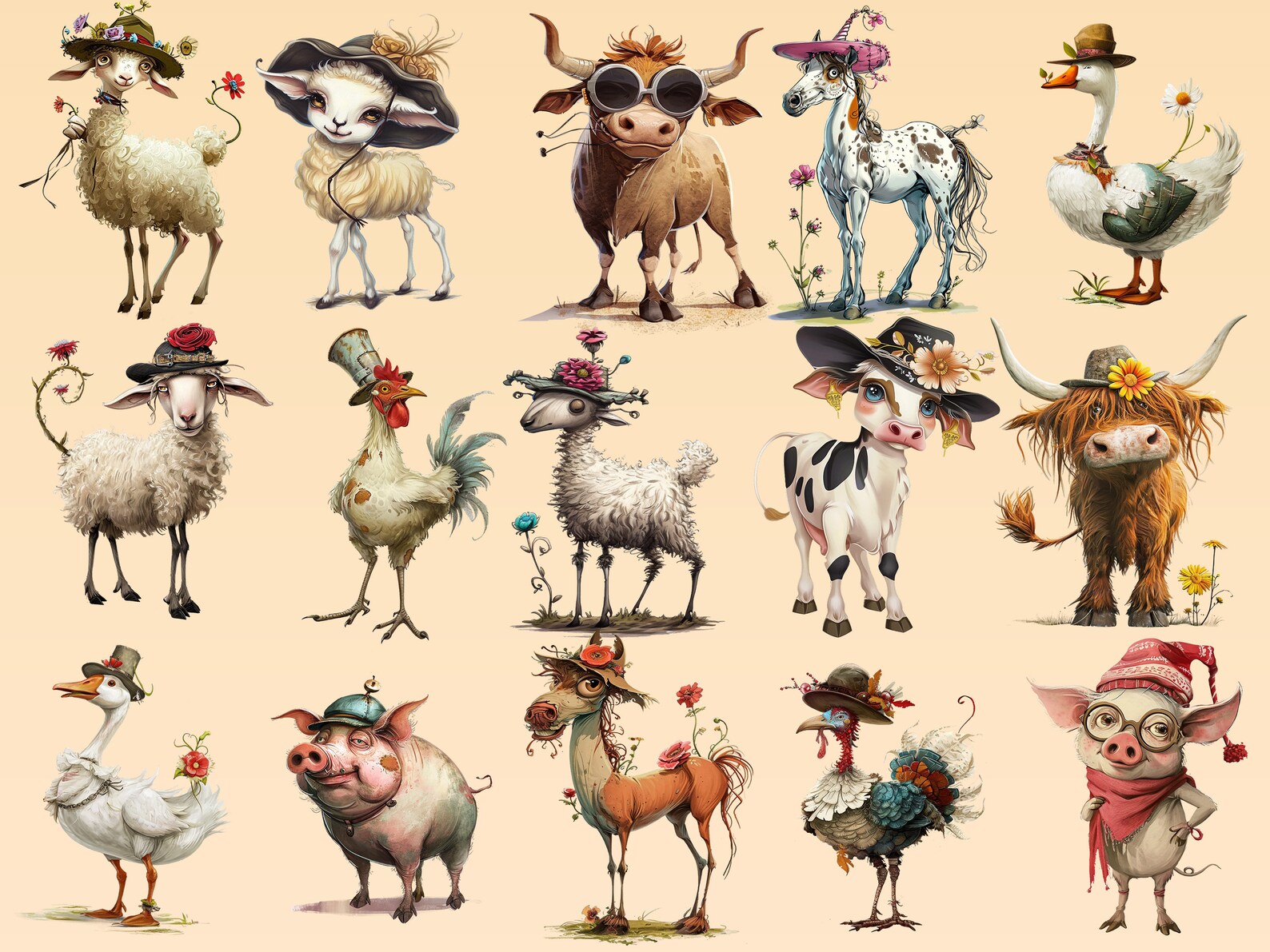 Funny Farm Animals Bundle of 45 Png Clipart + 15 Backgrounds ...