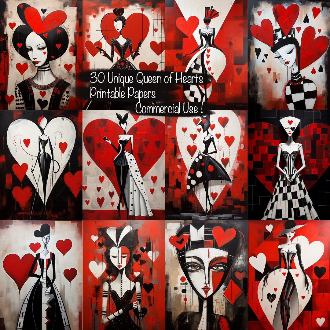 30 Quirky Queen of Hearts Digital Papers - DIY Card Making, Junk ...