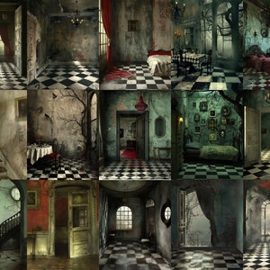 40 Surreal Gothic Creepy Rooms, Digital Papers Backgrounds, Paper Pack ...