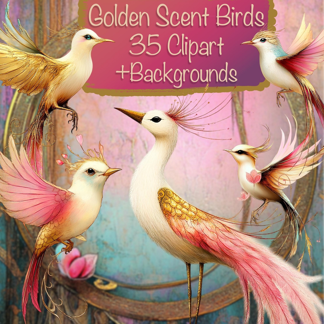 Golden Scent Birds, 35 PNG + 10 Backgrounds - DIY, Cards, Junk Journal ...