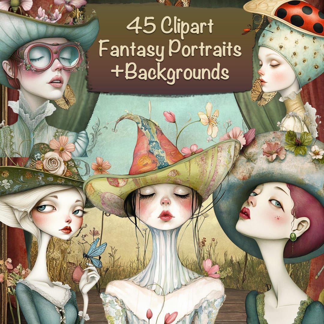 45 Png Fantasy Whimsical Woman With Hat Bundle + 15 Backgrounds, DIY ...