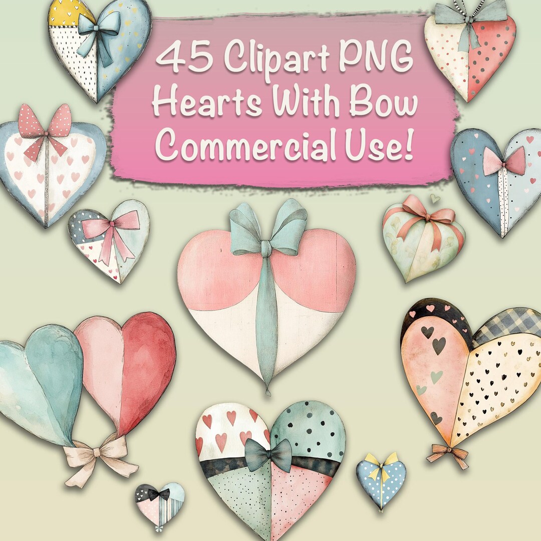 45 PNG Whimsical Valentine Hearts With Bow Bundle , DIY Card Making ...