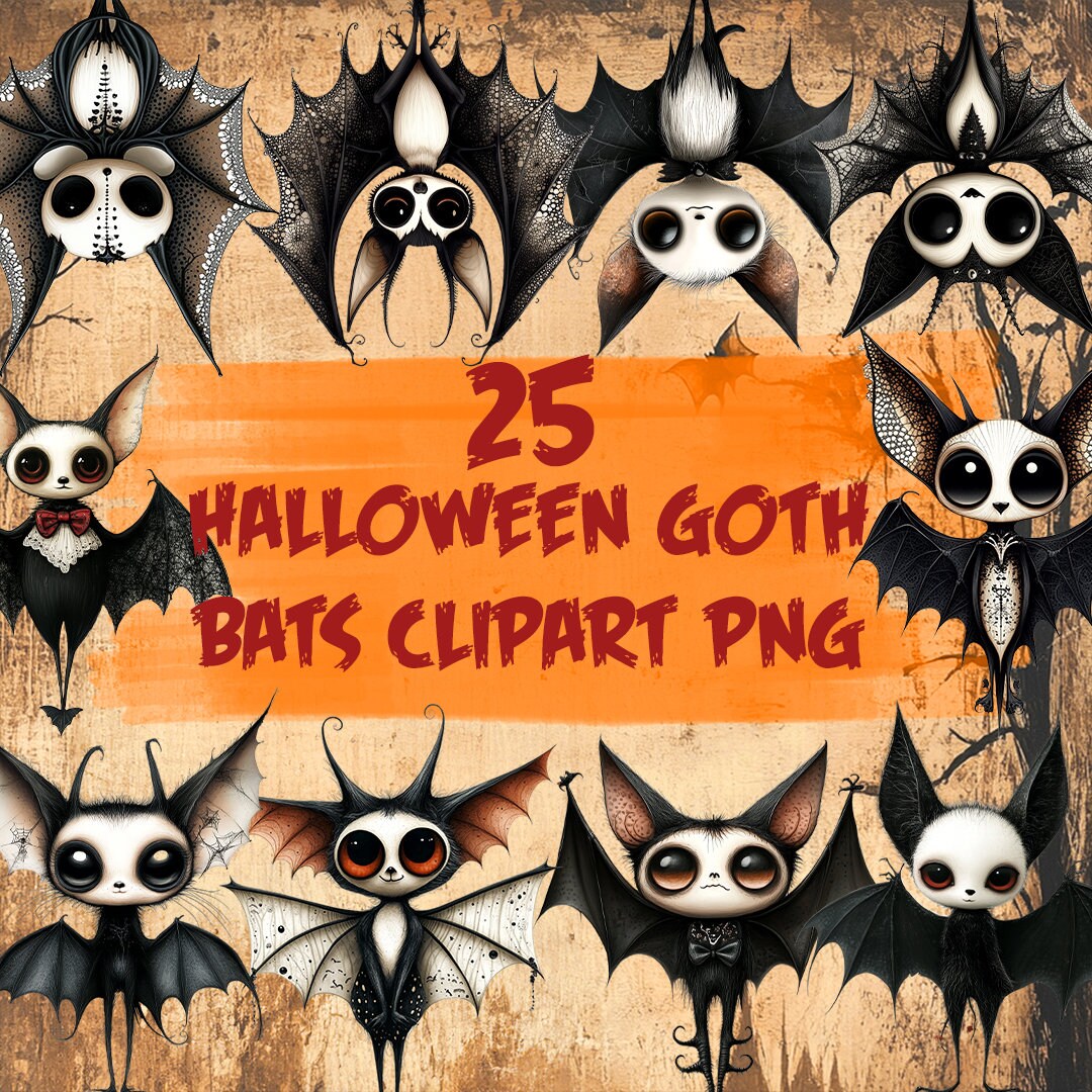 Whimsical Halloween Goth Bat Clipart Bundle 25 Cute and Quirky Designs ...