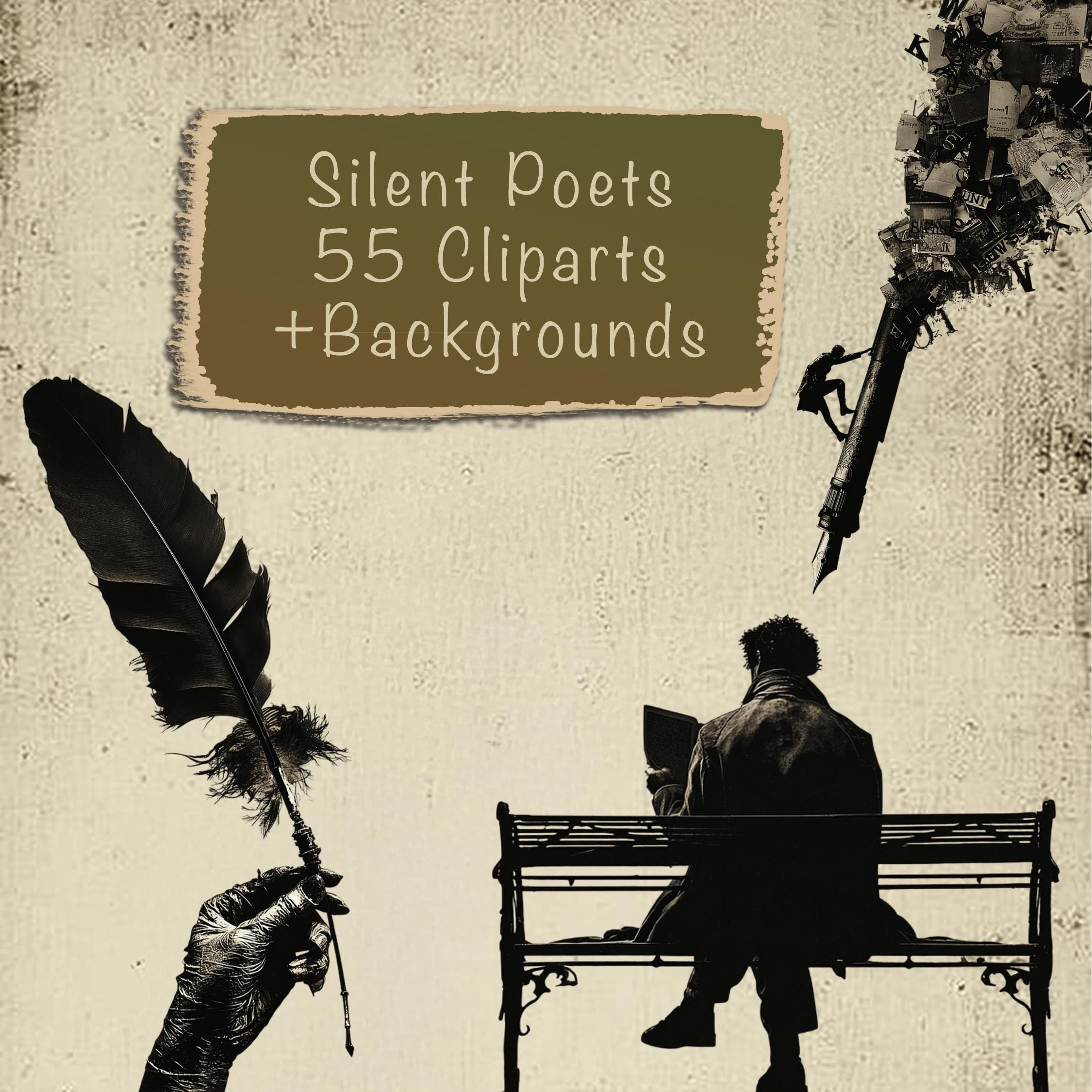 Silent Poets Characters, 55 Clipart Bundle + 20 Backgrounds, Junk ...