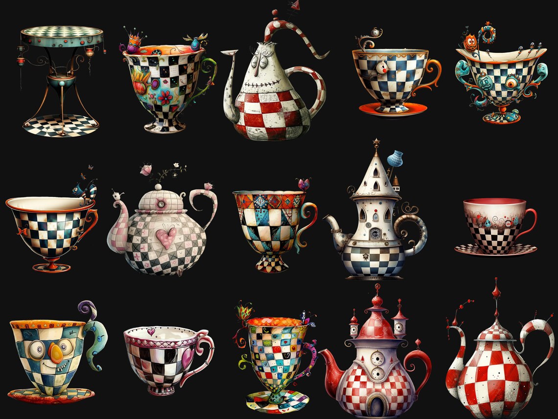 Set of 30 Quirky Whimsy Tea Pots and Teacups Png Clipart + Printable ...