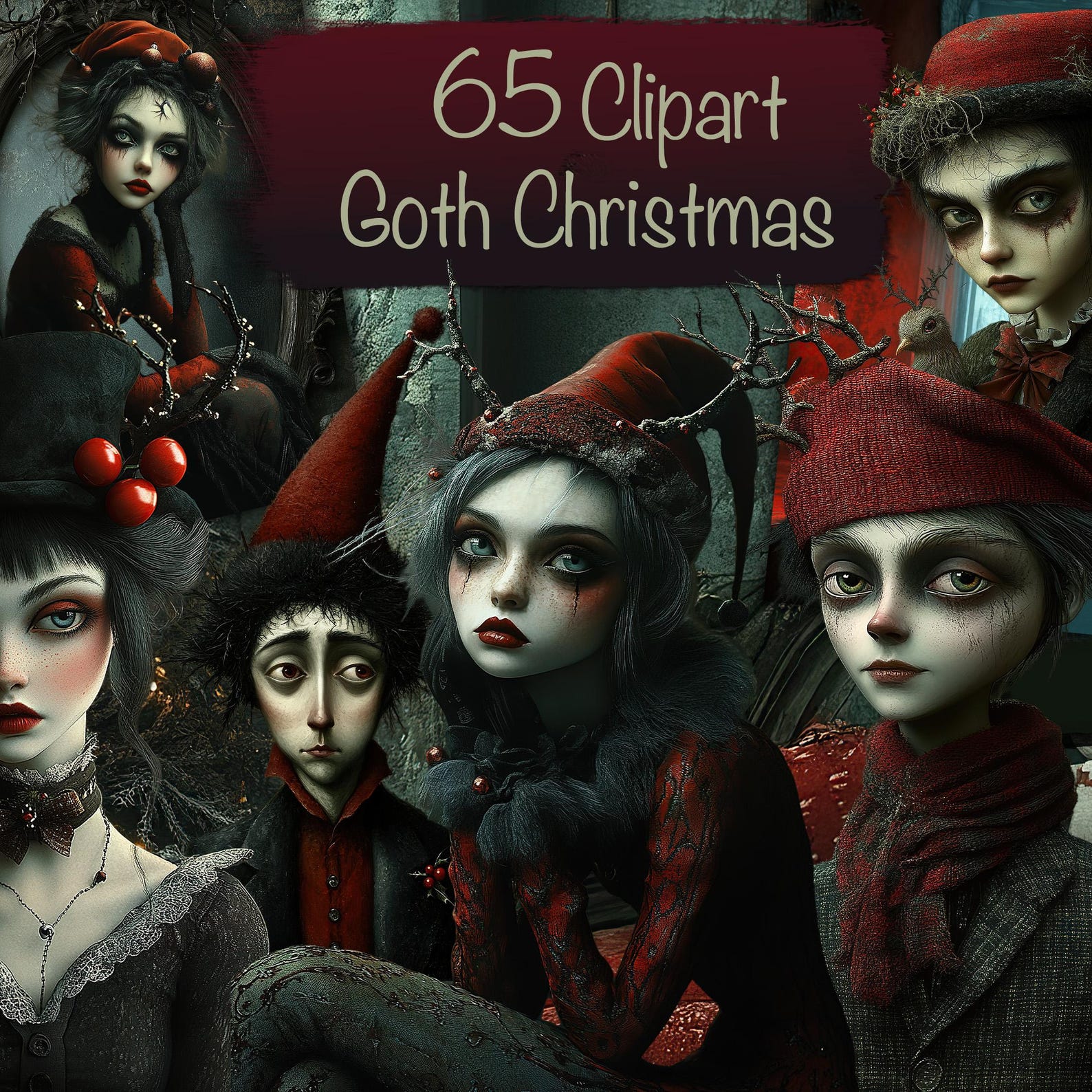 65 Png Goth Christmas Characters Bundle + 20 Backgrounds, DIY, Cards ...