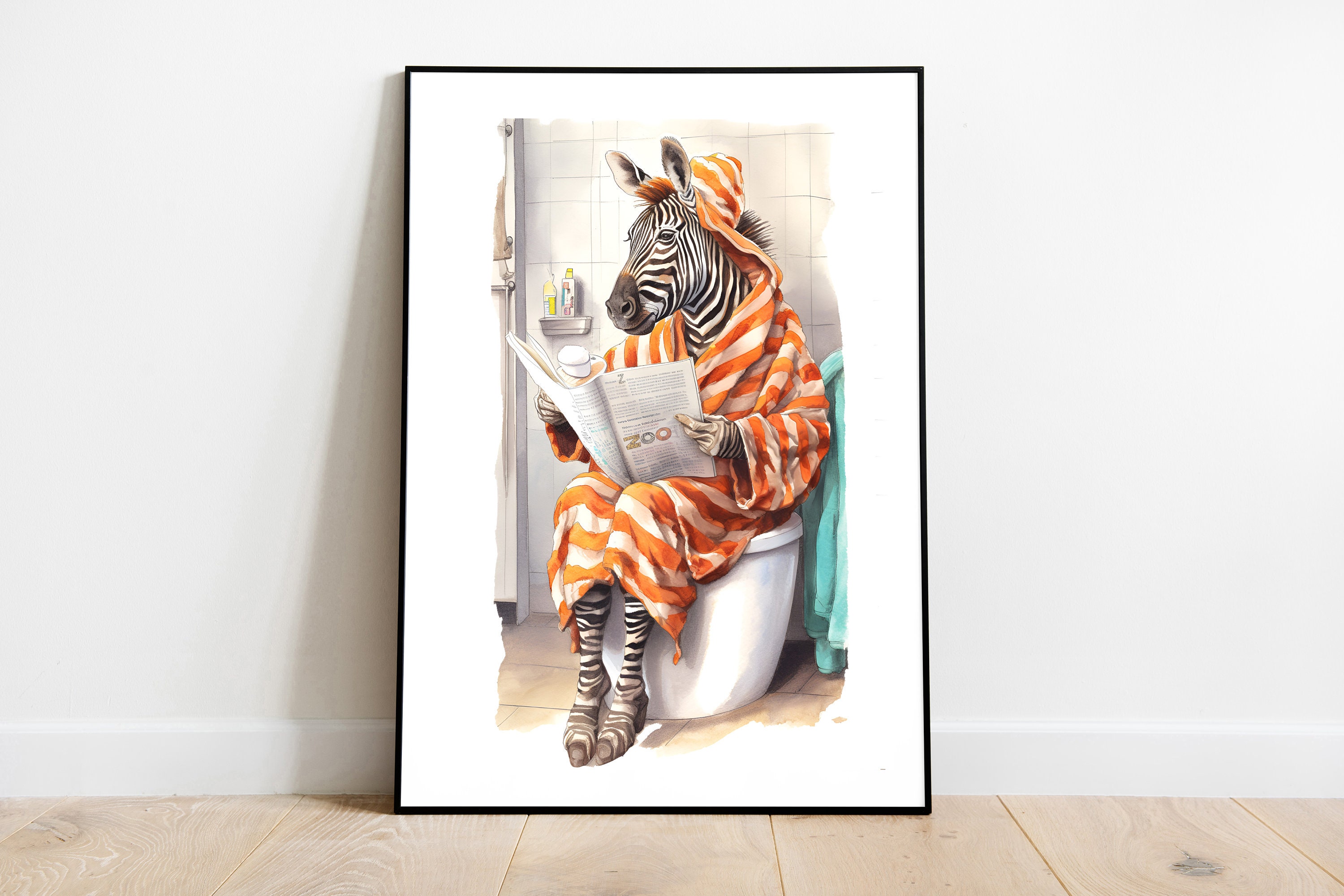 Zebra on Toilet, Funny Bathroom Art, Humour Art Print, Animal Reading ...