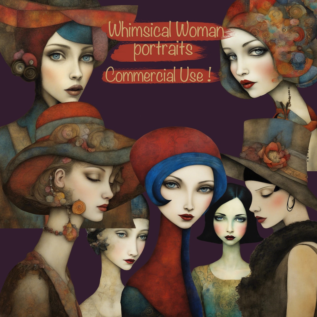 Set of 25 Whimsical Woman Portraits Clipart Png Backgrounds Printable ...