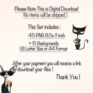 45 Whimsical Cat Coffee Lover Clipart + 15 Backgrounds, DIY Card Making ...