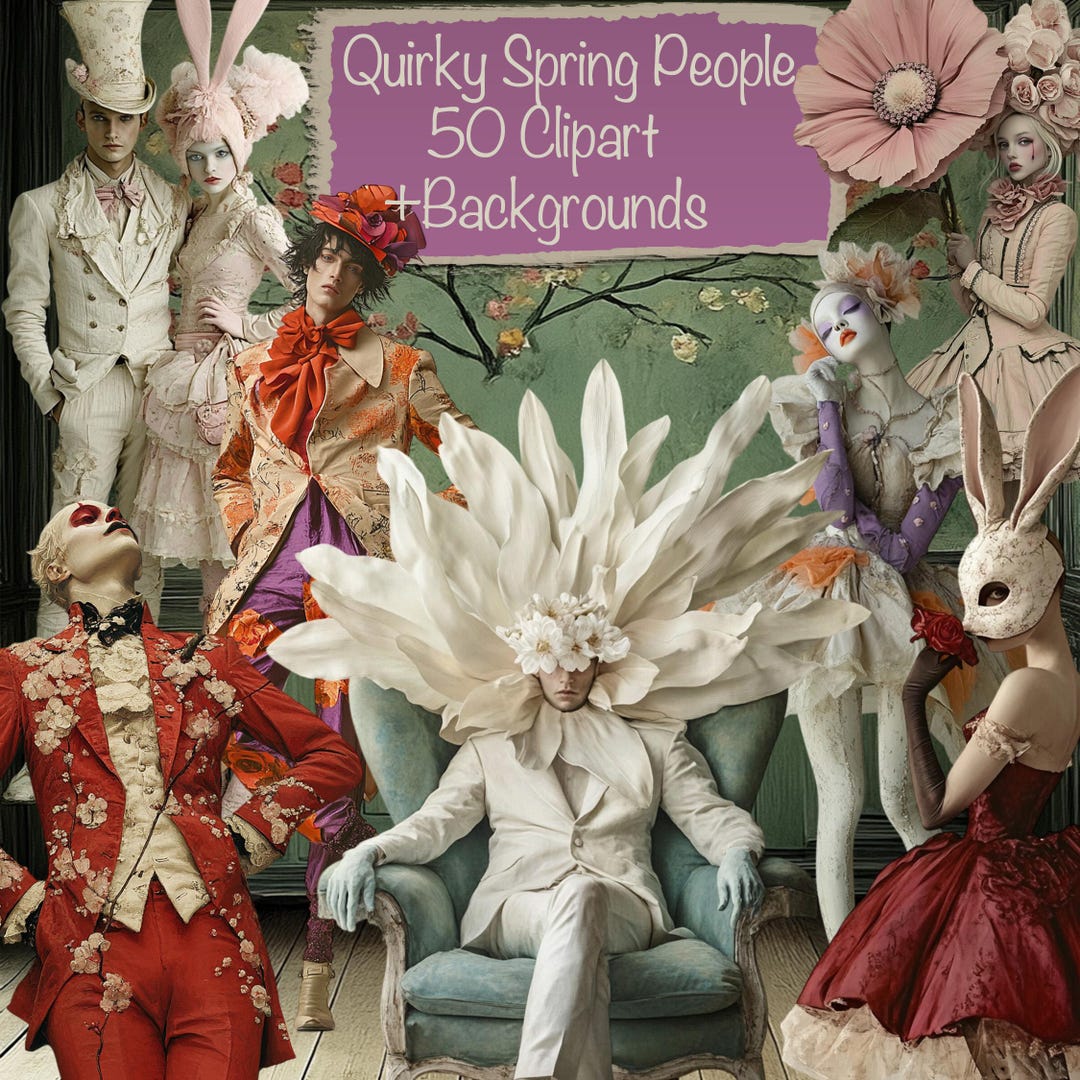 Peculiar Quirky Spring Characters Clipart, 50 PNG + 20 Backgrounds, DIY ...