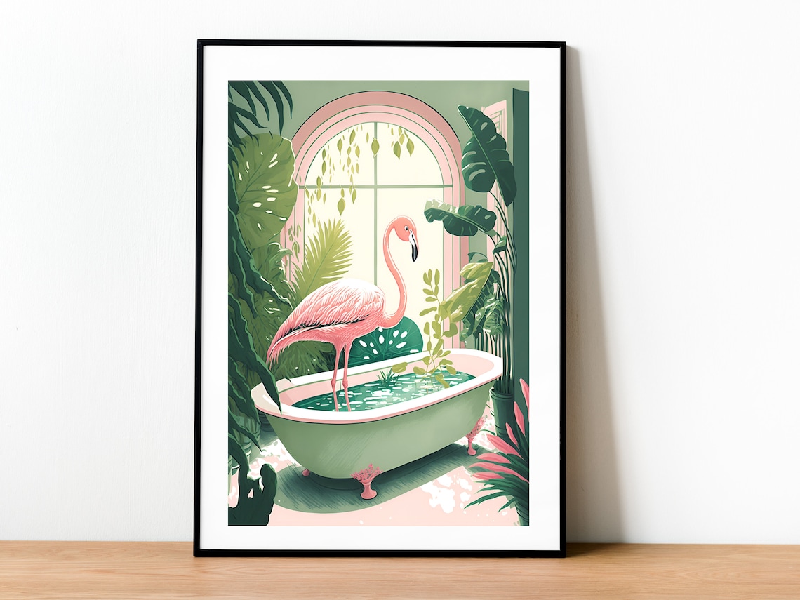 Flamingo in Bathtub Tropical Bathroom Print Funny Bath Wall - Etsy