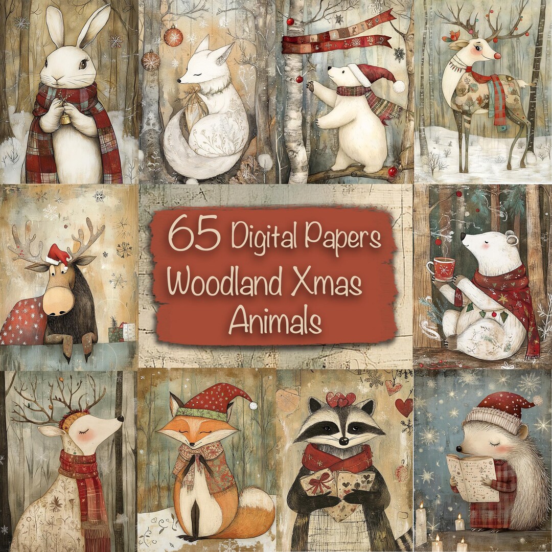 65 Whimsical Woodland Christmas Animals Digital Papers, Cards Making ...