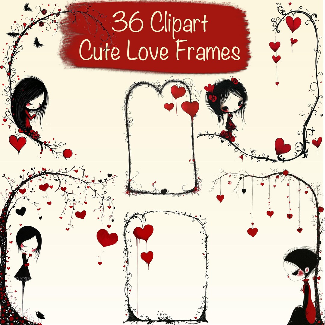 35 Png Cute Valentine Borders and Frames Bundle , DIY Card Making, Junk ...