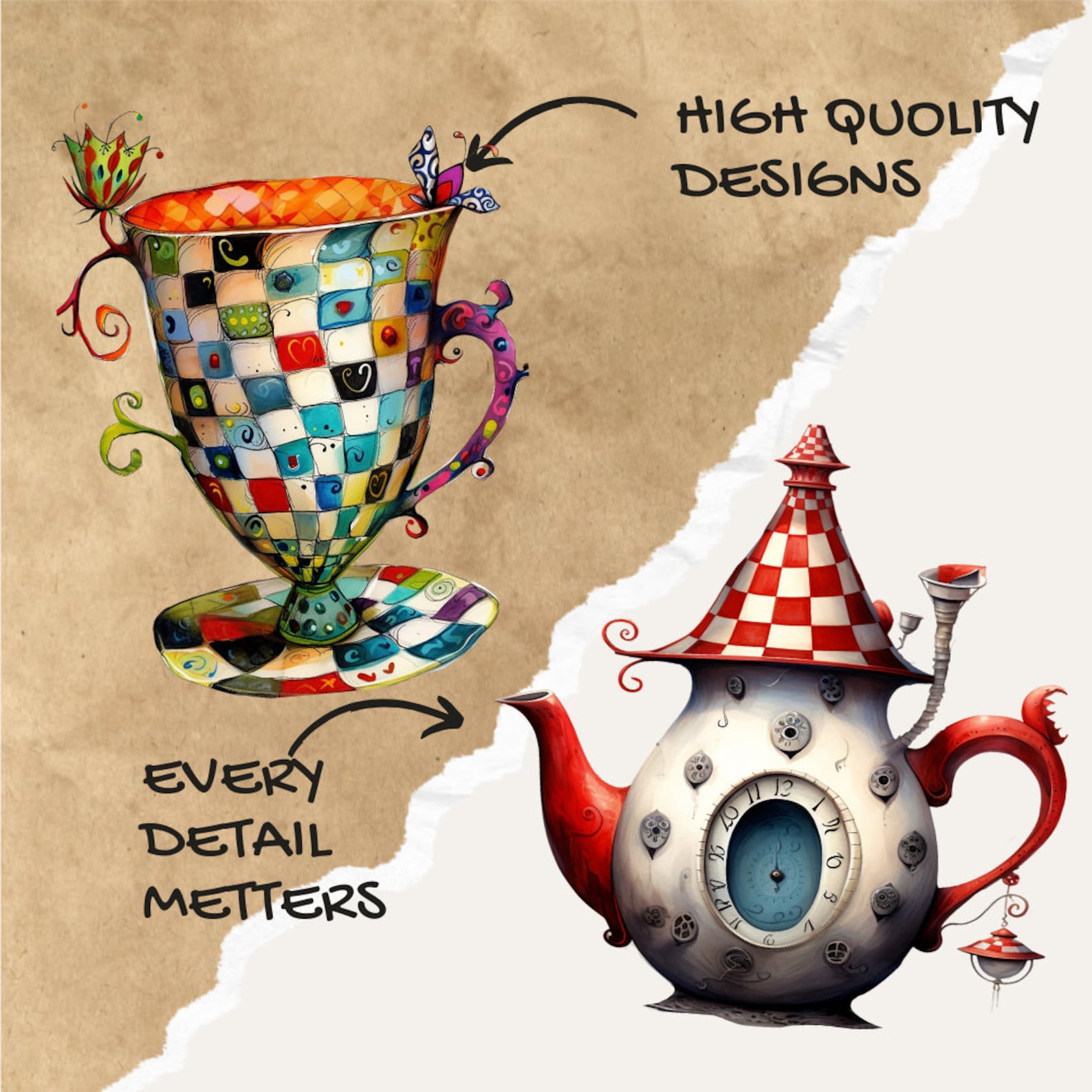 Set of 30 Quirky Whimsy Tea Pots and Teacups Png Clipart + Printable ...
