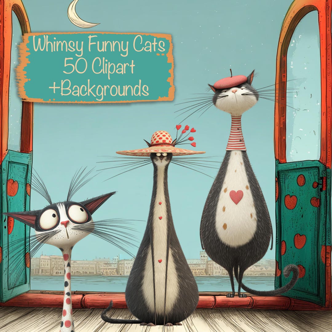 Whimsical Funny Cats Bundle 50 Clipart + 15 Background, DIY Card Making ...